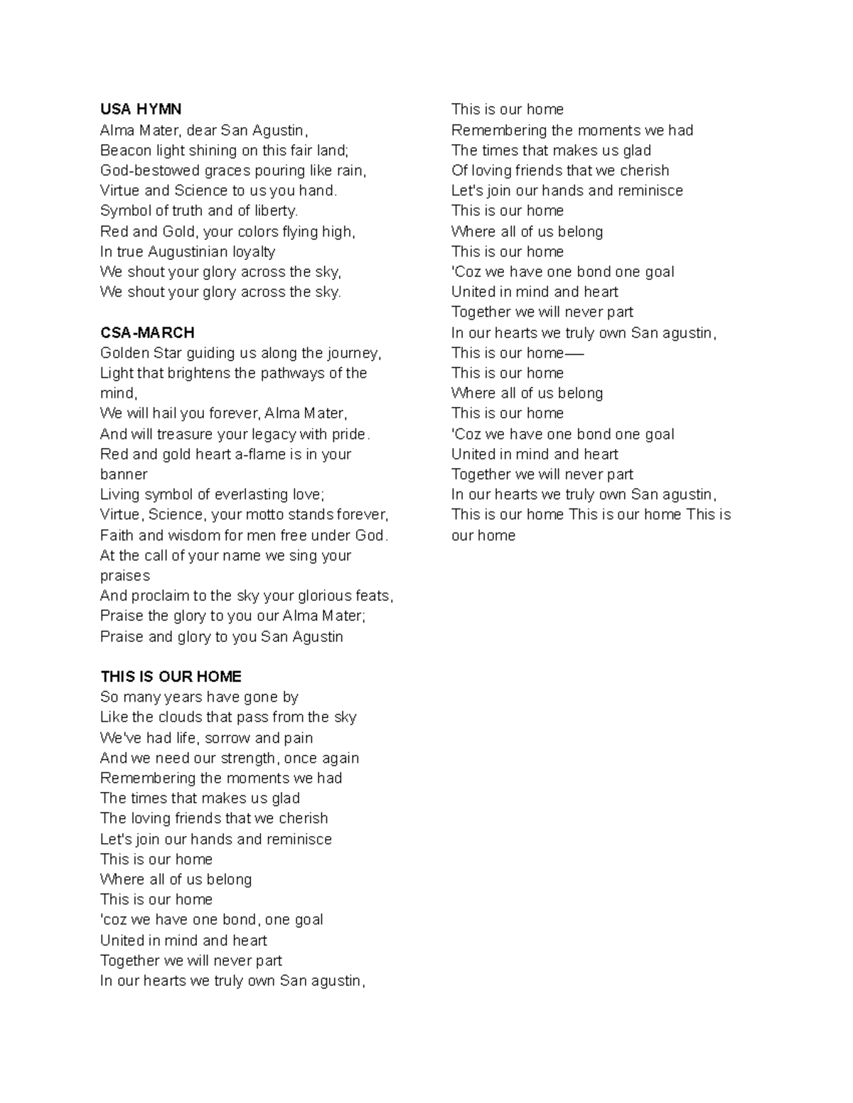USA Hymns: Tribute to San Agustin's Alma Mater - Studocu