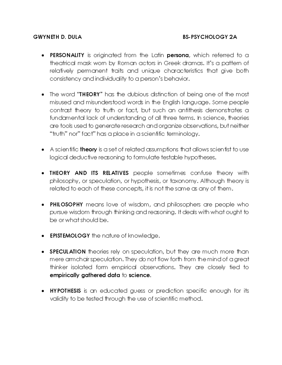 TOP - notes - GWYNETH D. DULA BS-PSYCHOLOGY 2A PERSONALITY is ...