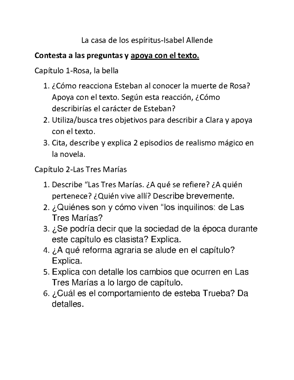 La casa de los espíritus - Isabel Allende: Preguntas Capítulos I-XIV ...