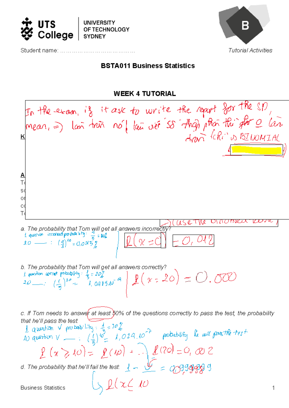 Week 4 Tutorial Activities BSTA011: Discrete Distributions in Business - Studocu