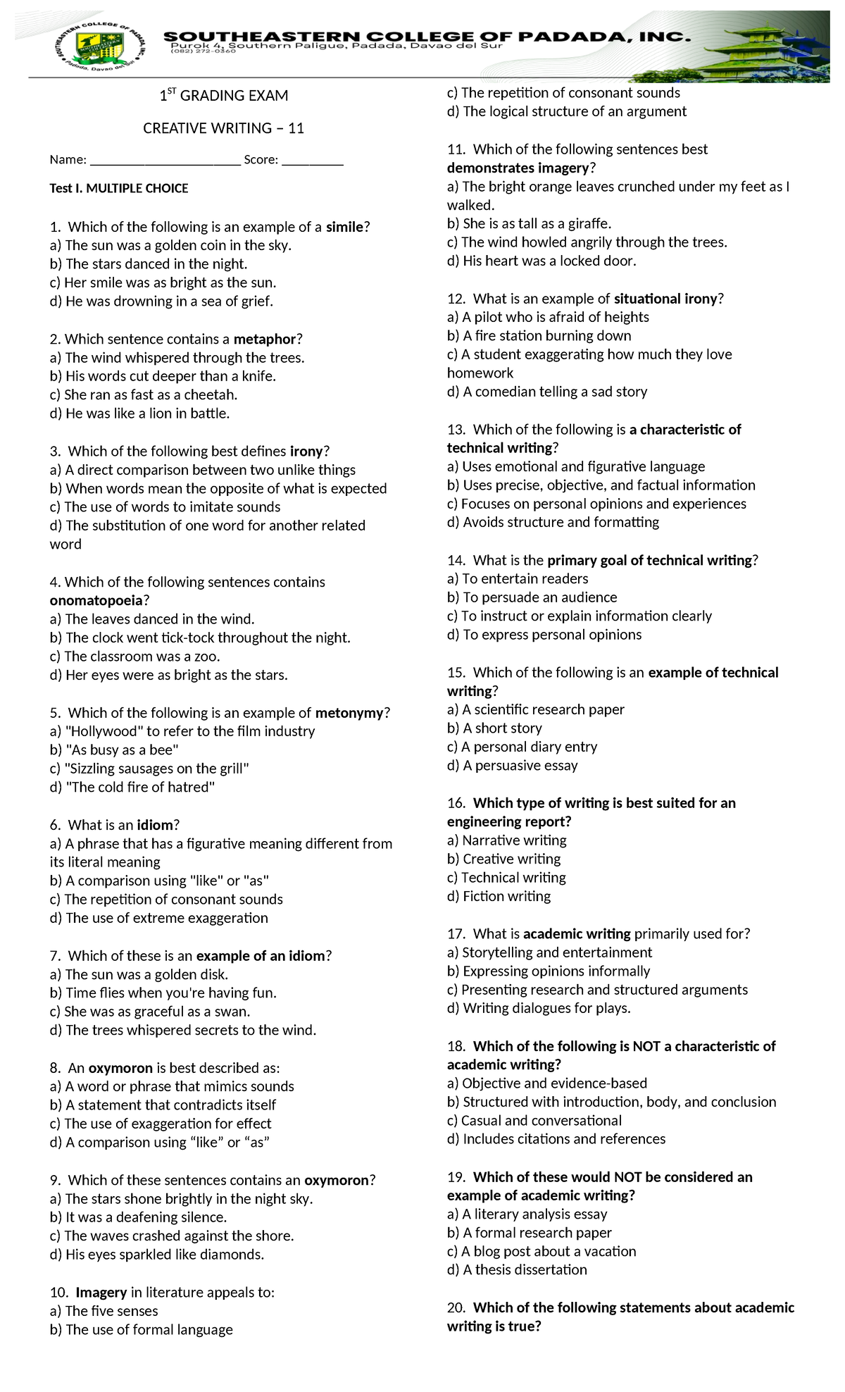 1ST GRADING EXAM CREATIVE WRITING 11: MULTIPLE CHOICE & POEM ANALYSIS ...