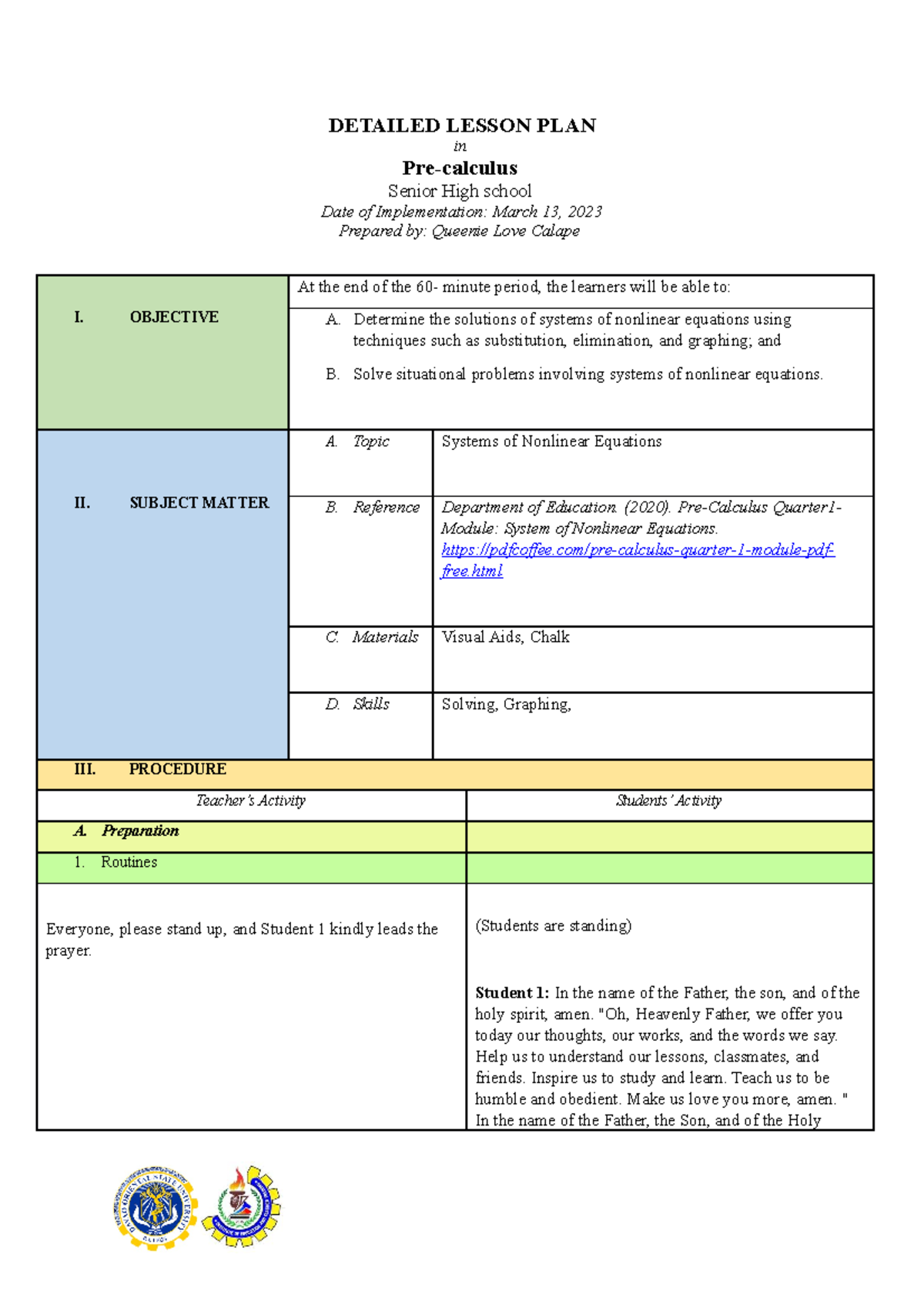 Pre-Calculus 12 - Lesson Plan on Systems of Nonlinear Equations - Studocu