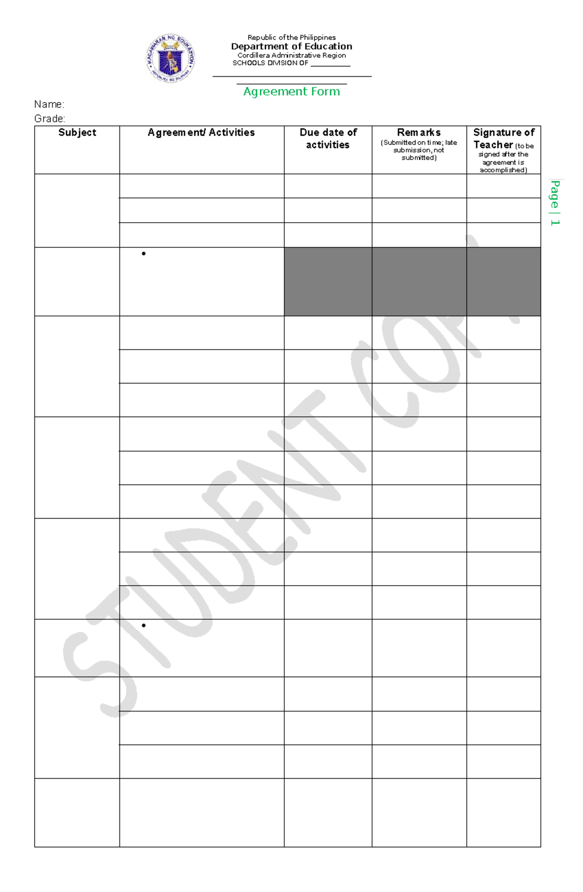 Agreement Form - Page | 1 Republic of the Philippines Department of ...