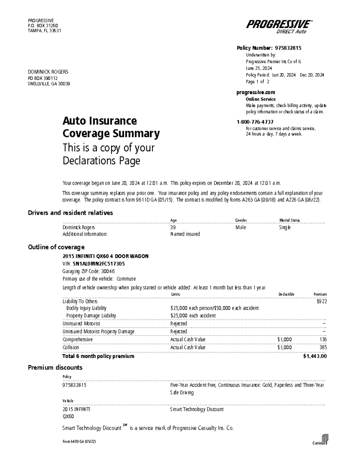 Auto Insurance Declarations Page - Policy #975832815 Summary - Studocu