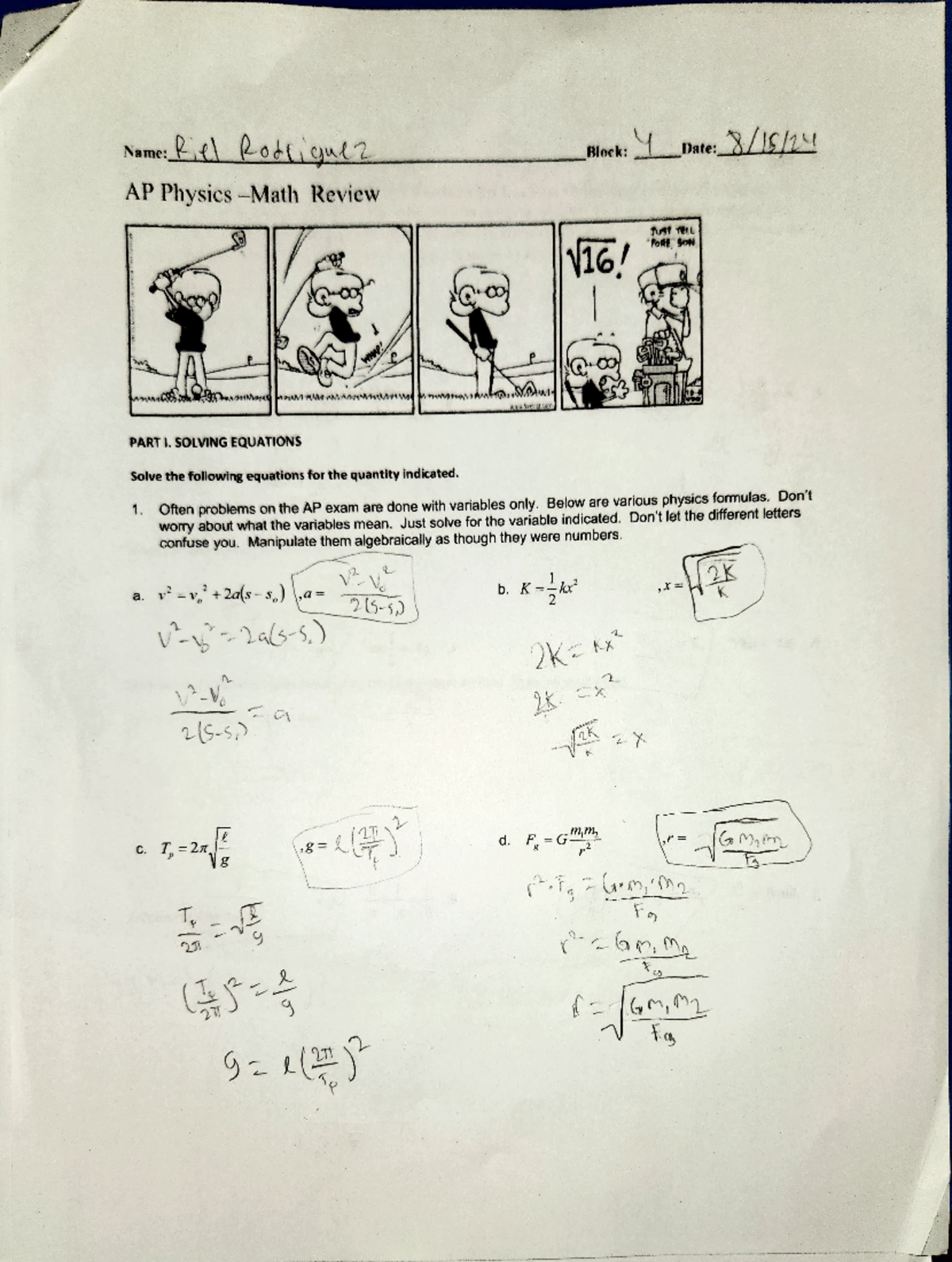 Math packet - maths - Namecl otigne AP Physics -Math Review PART I. SOLVING EQUATIONS Solve the ...