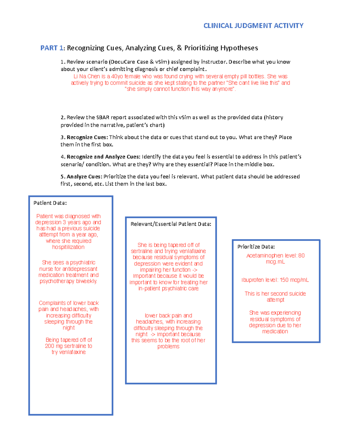 Li Na Chen Pre Sim - vSim Clinical Judgment Activity Guide - Studocu