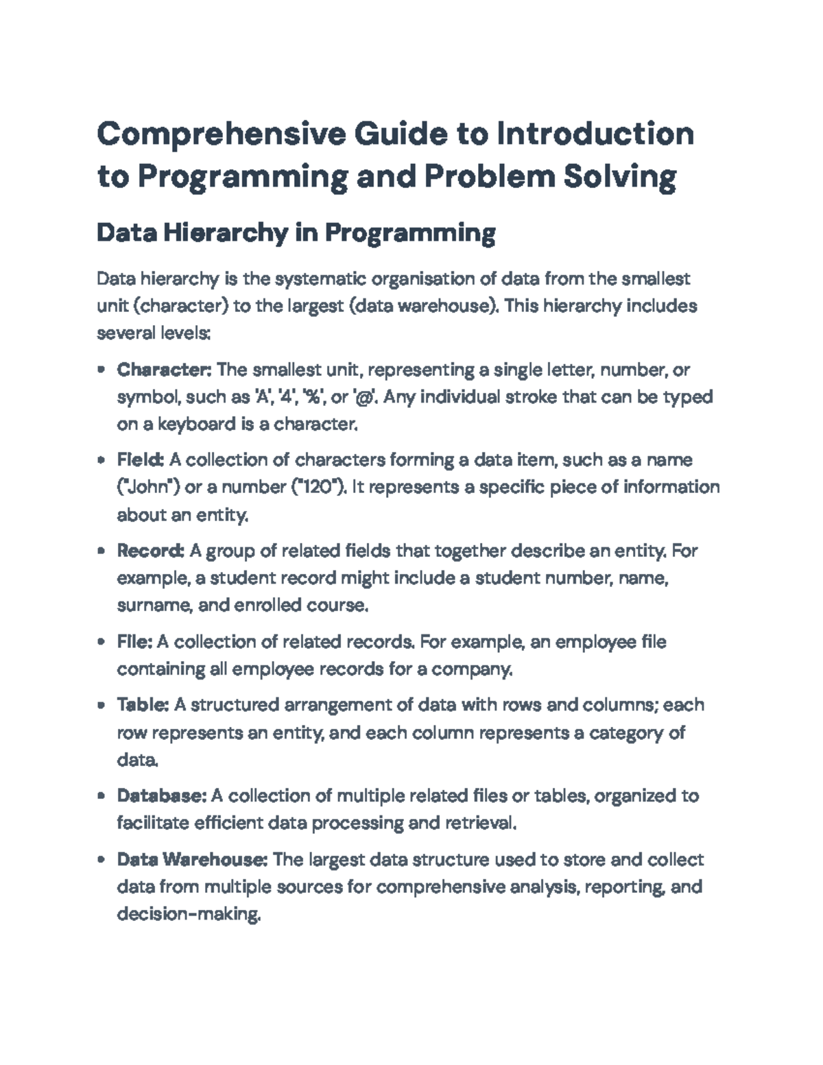 Comprehensive Guide to Data Hierarchy and Programming Concepts (CPSC101 ...