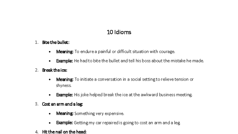 Functional English Notes: 10 Common Idioms Explained - Studocu