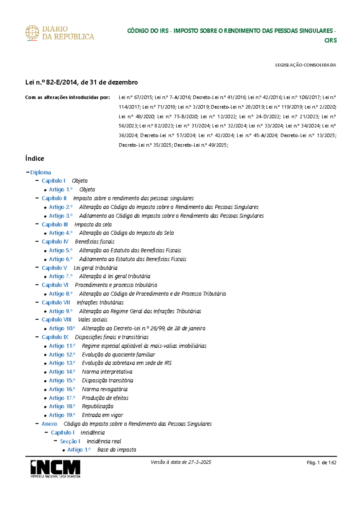 CÓDIGO DO IRS: LEGISLAÇÃO CONSOLIDADA E ALTERAÇÕES RELEVANTES CIRS ...