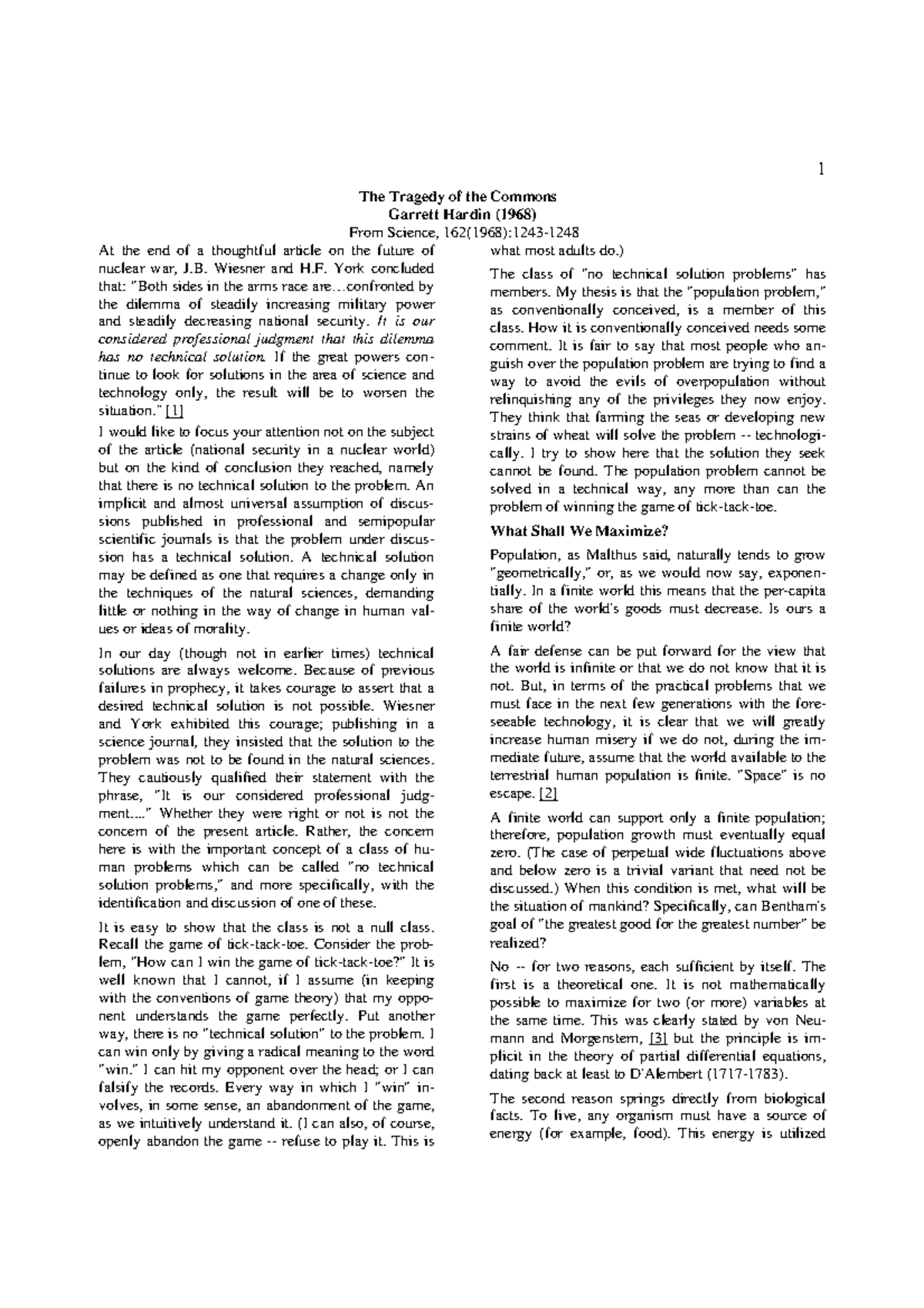 Tragedy of the Commons: Implications on Overpopulation (ENG 101) - Studocu