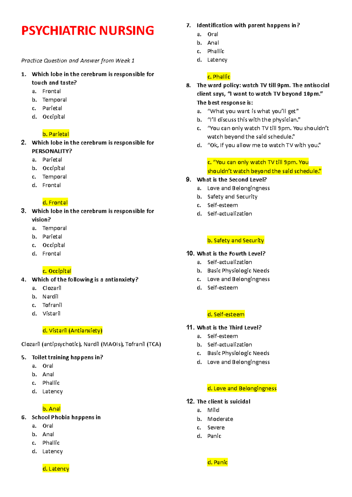 PSYCH 101: Psychiatric Nursing Sample Questions and Answers - Studocu