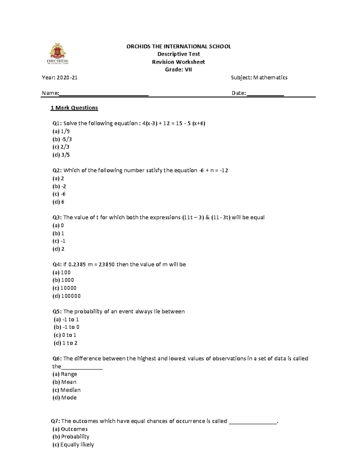 GR 7 Revision Worksheet - ORCHIDS THE INTERNATIONAL SCHOOL Descriptive ...