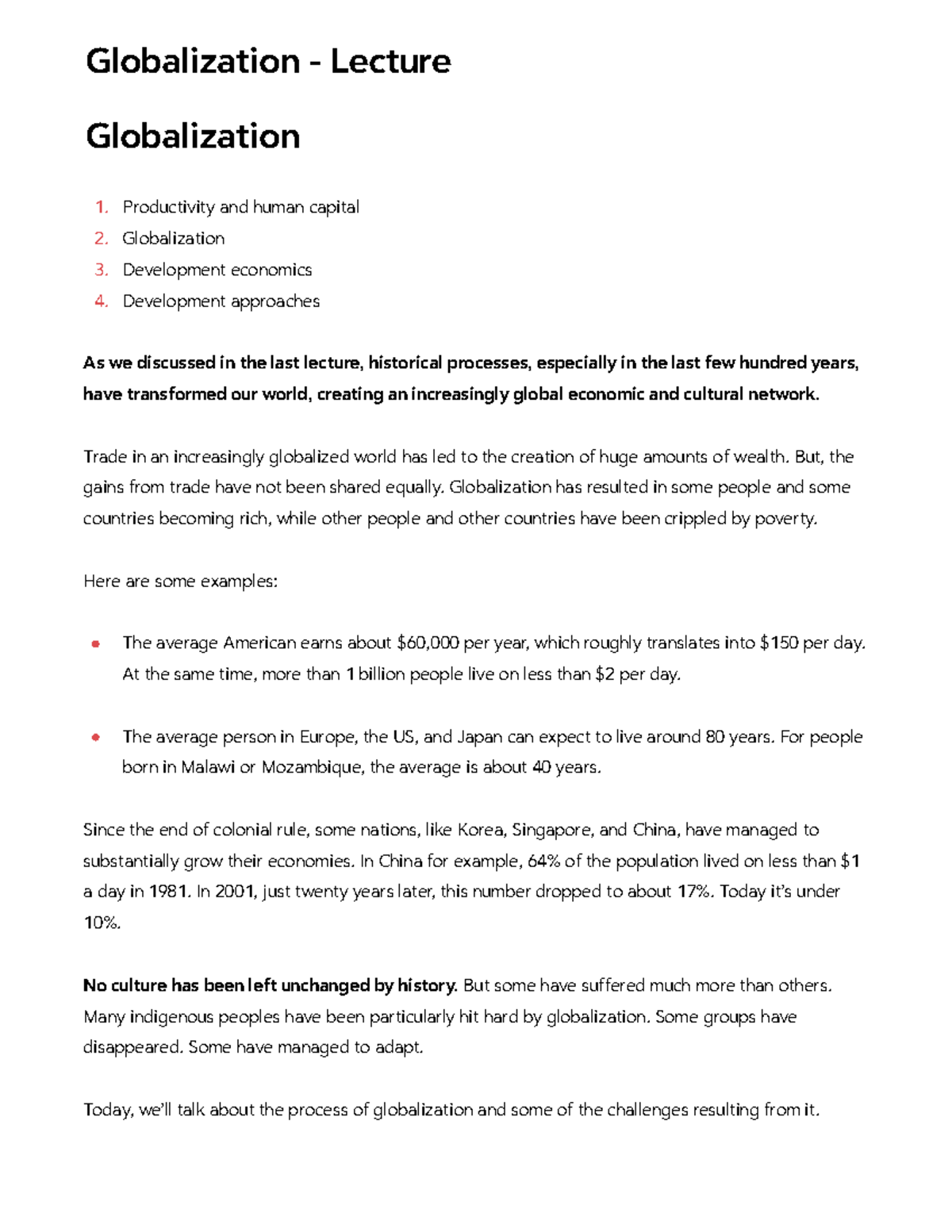 Globalization Lecture Notes - ECON 101: Inequality, Trade, and ...