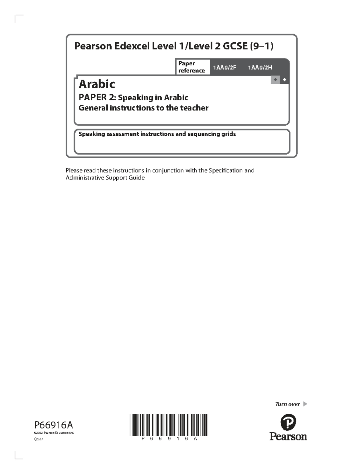 GCSE Arabic 1AA0 Teacher-Examiner Booklet 2022: Speaking Assessment ...