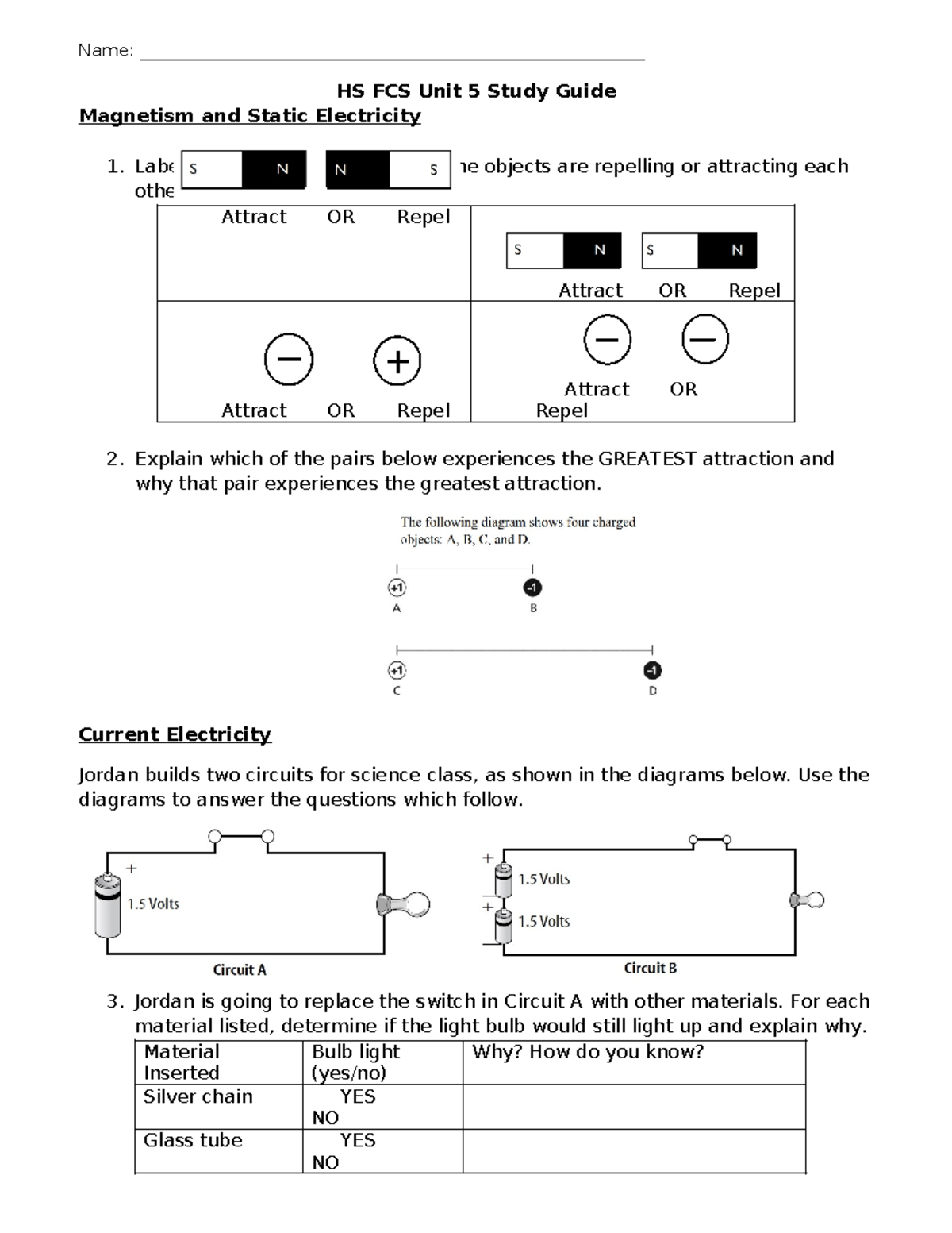 HS FCS Unit 5 Study Guide: Magnetism and Static Electricity Concepts ...