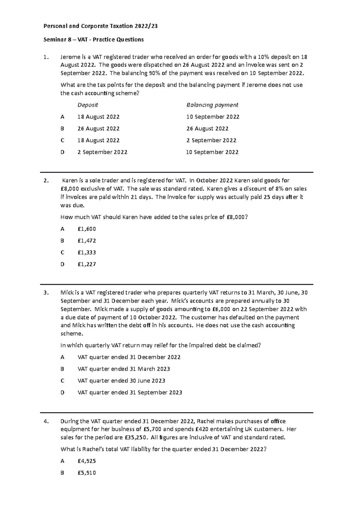 Week 9 VAT Practice Questions for Personal & Corporate Taxation - Studocu