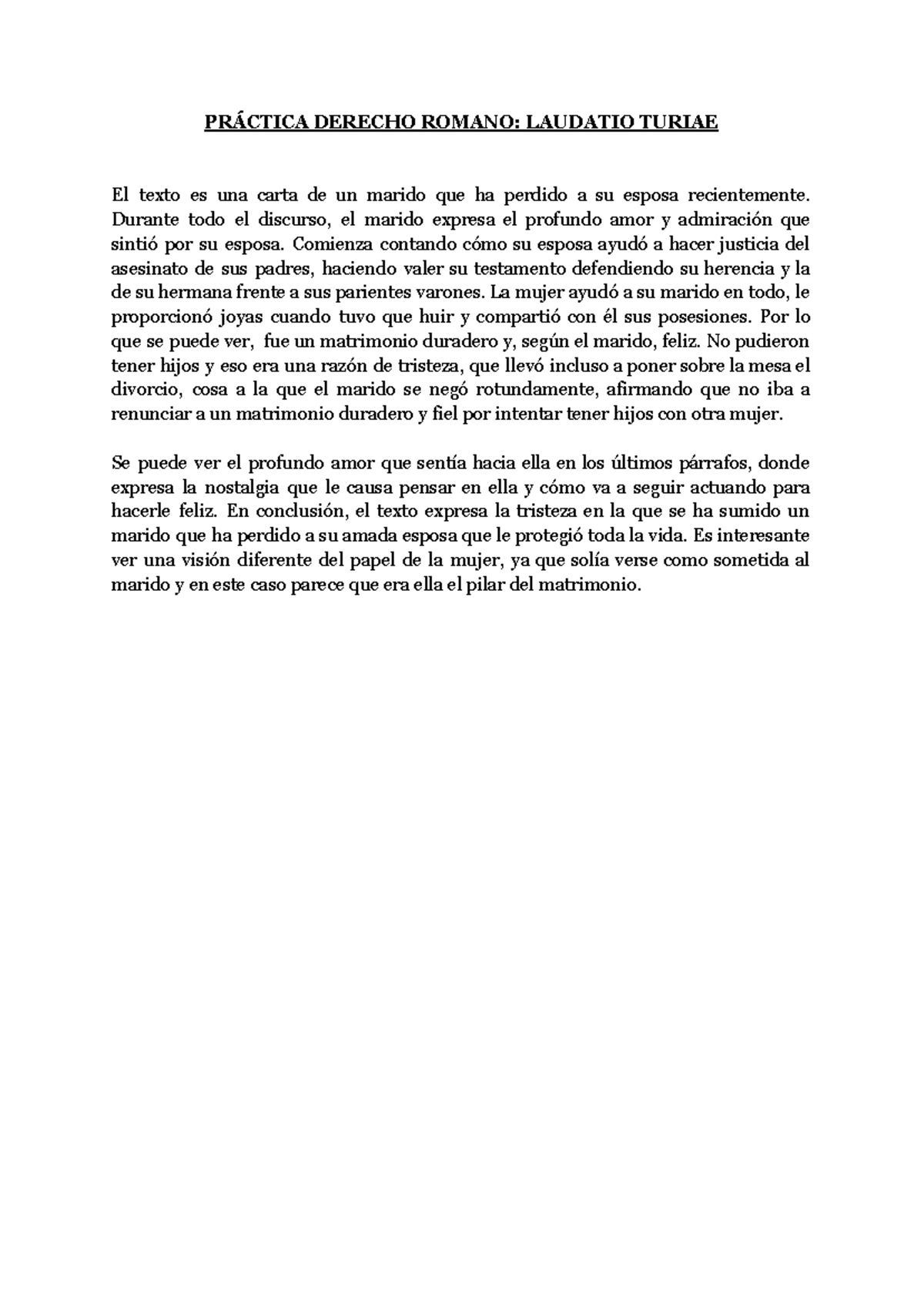 PRÁCTICA DERECHO ROMANO: Laudatio Turiae y el Amor Perdido - Studocu
