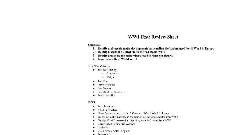 WWI Test: Comprehensive Review Sheet for Major Developments - Studocu