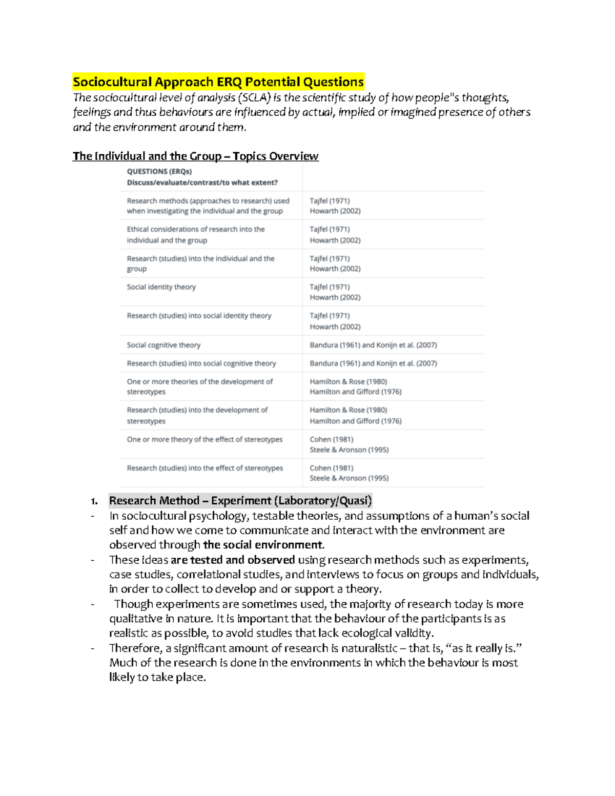 Sociocultural Approach ERQ: Key Questions for Psychology Analysis - Studocu