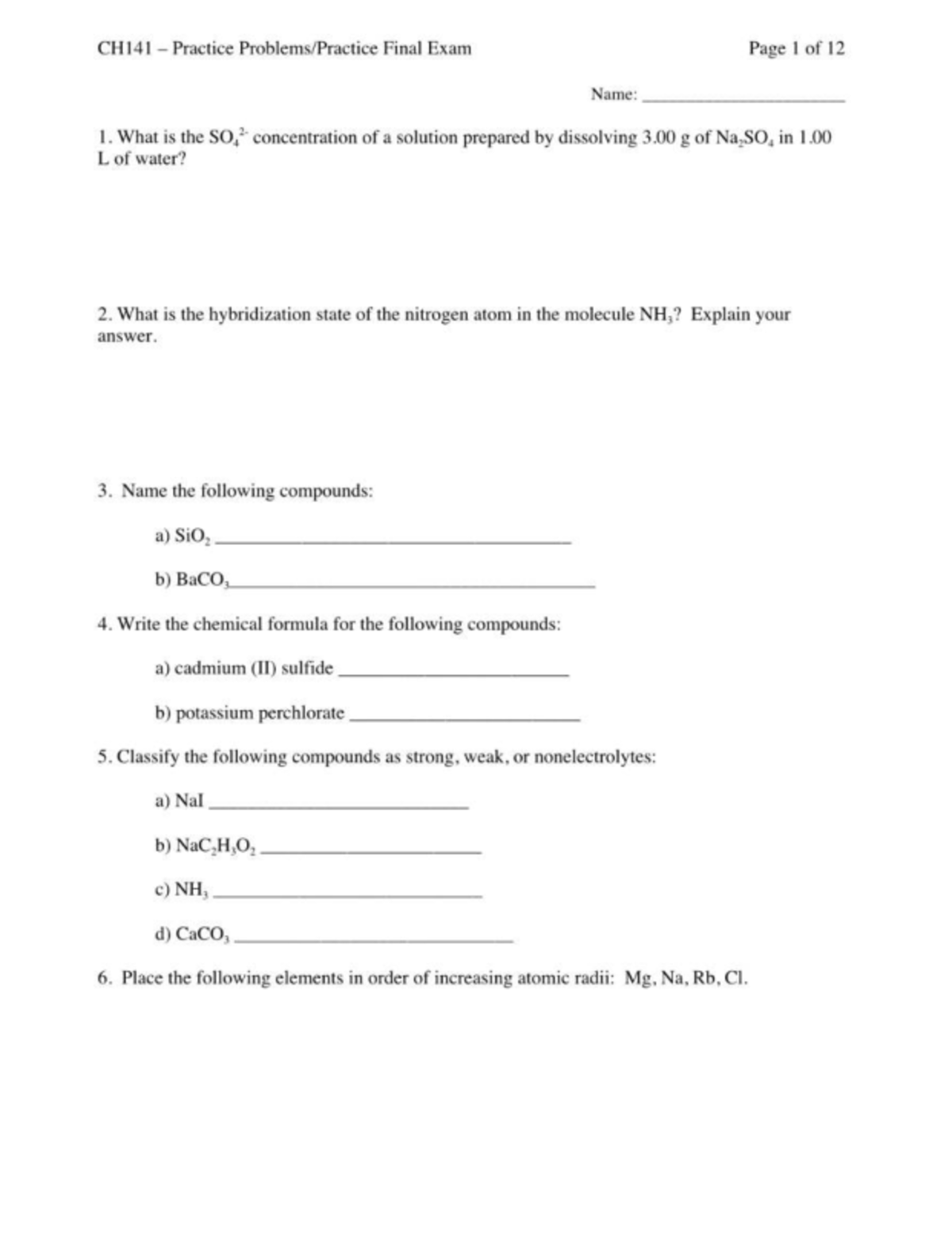 CH141 Practice Final Exam Review and Solutions - Studocu