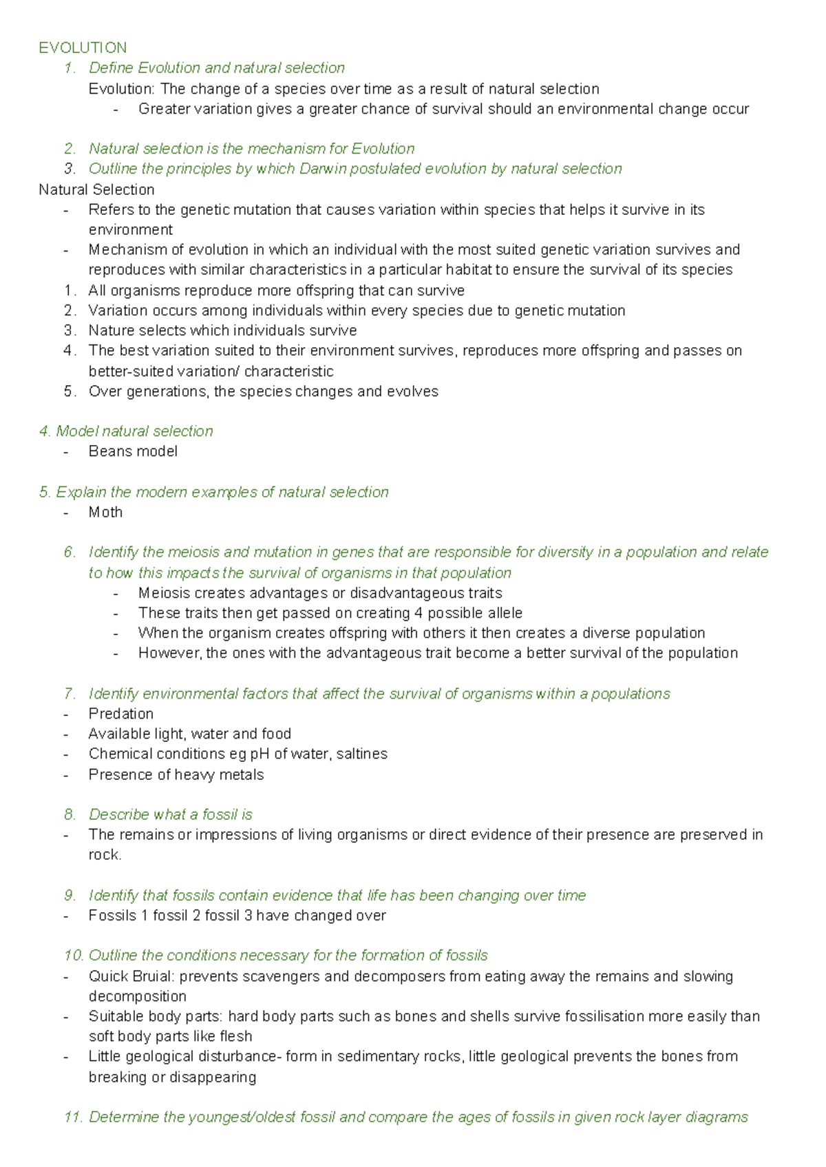 Evolution Yr10 Final Exam Notes: Natural Selection & Fossils - Studocu