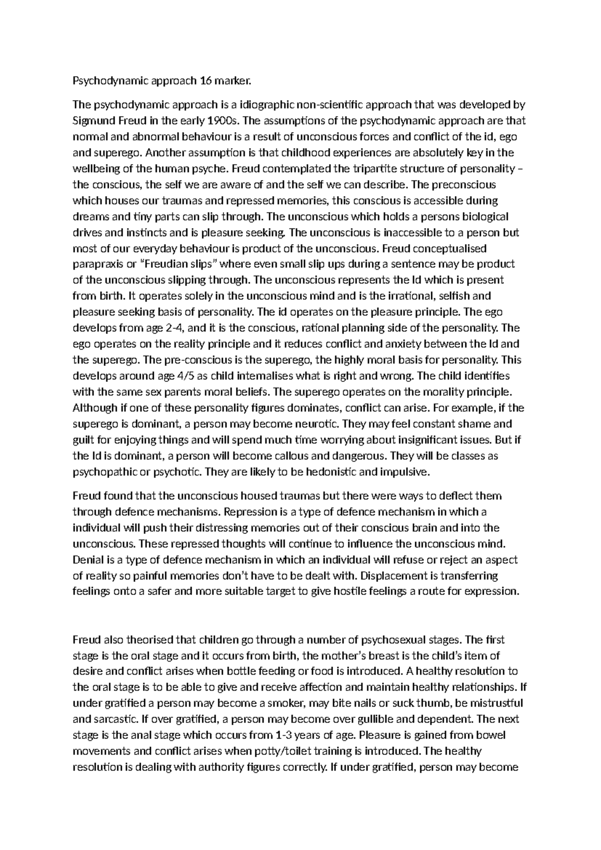 Psychodynamic Approach: Key Concepts and Evaluations - Essay Plan - Studocu