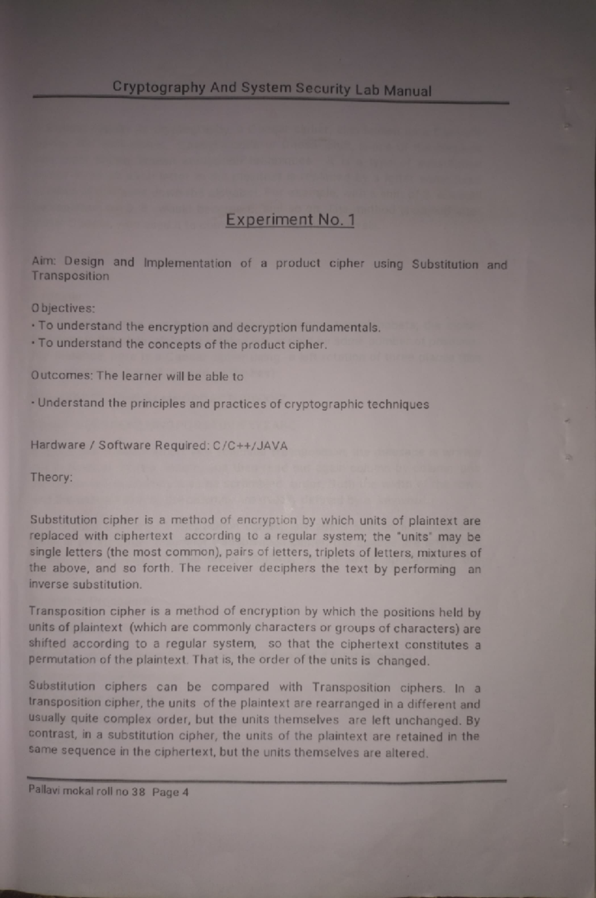 Cryptography and System Security Lab Manual: Experiments 1-4 Overview - Studocu