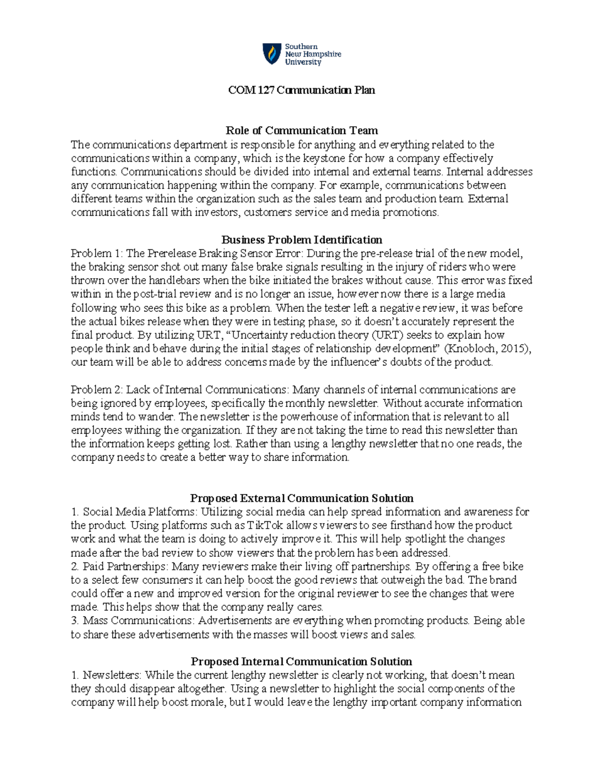 COM 127 Communication Plan - Roe - COM 127 Communication Plan Role of ...