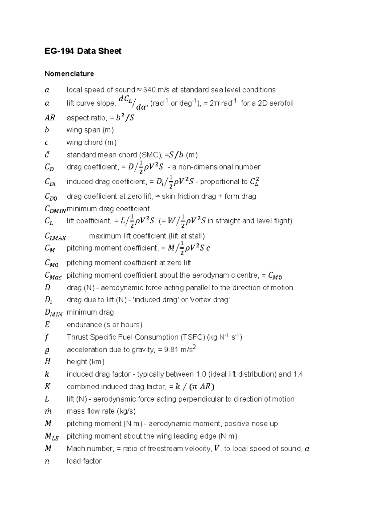 Data Sheet for Local Speed of Sound and Drag Coefficients - Studocu