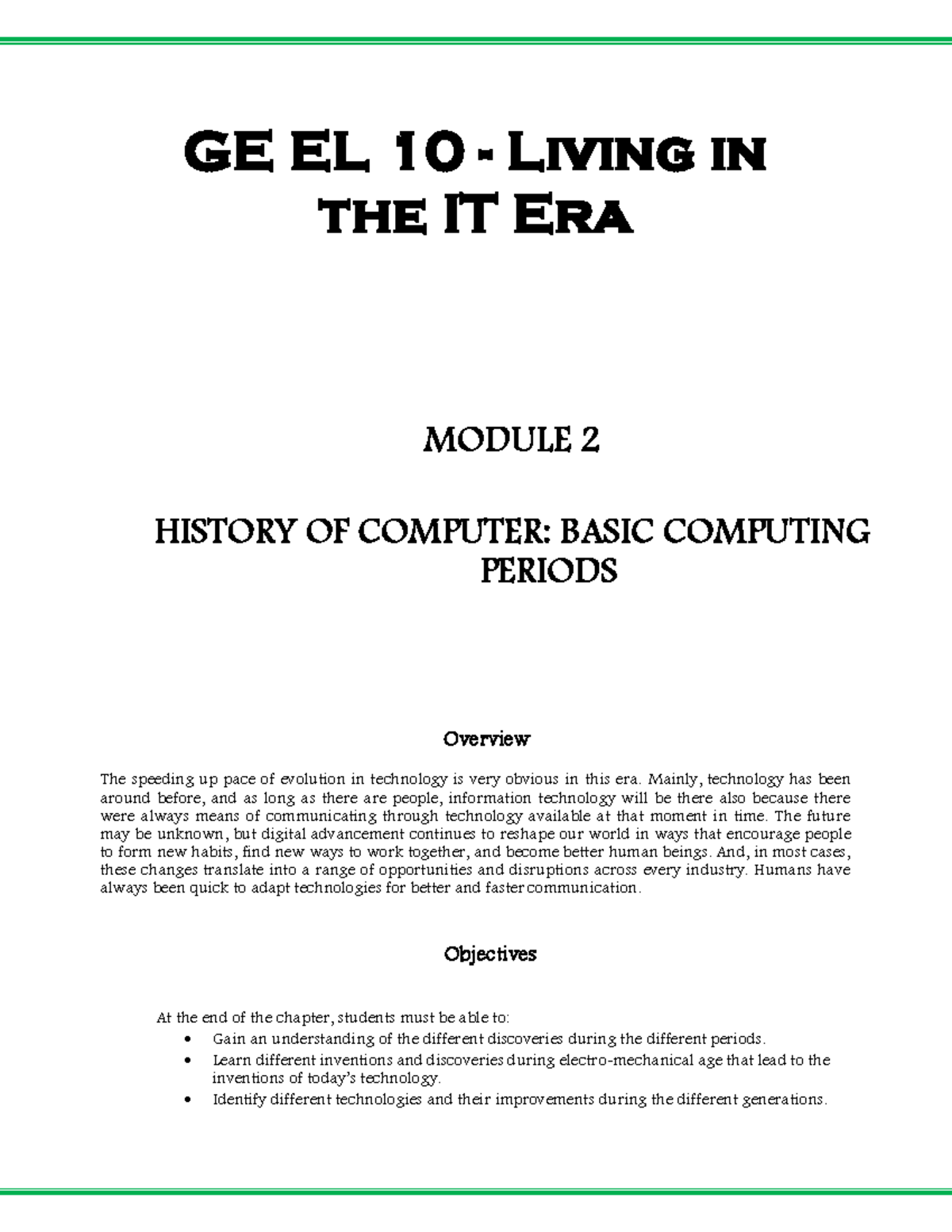 Module 2 GE EL 10: The History of Computers and Basic Computing - Studocu