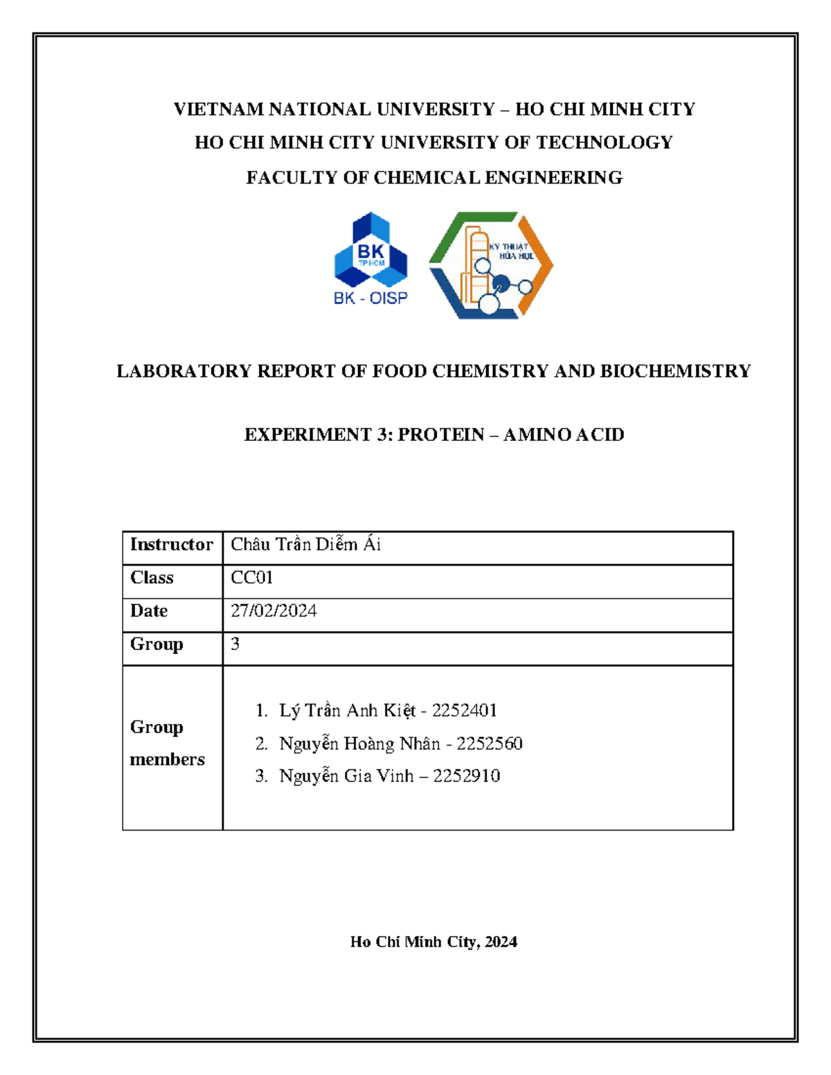 CC01 Lab Report: Food Chemistry & Biochemistry Experiment 3 - Protein ...