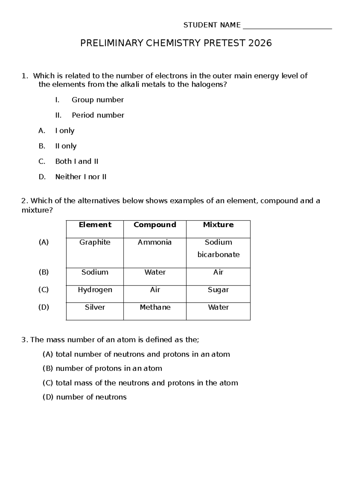 Preliminary Chemistry Pretest 2026: Key Concepts and Questions - Studocu