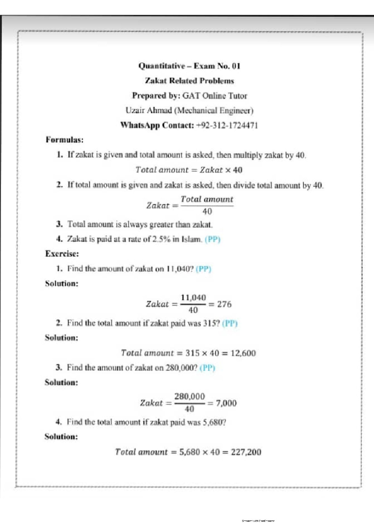 Quantitative (1-26) - best notess - Quantitative Exam No. 01 Zakat ...