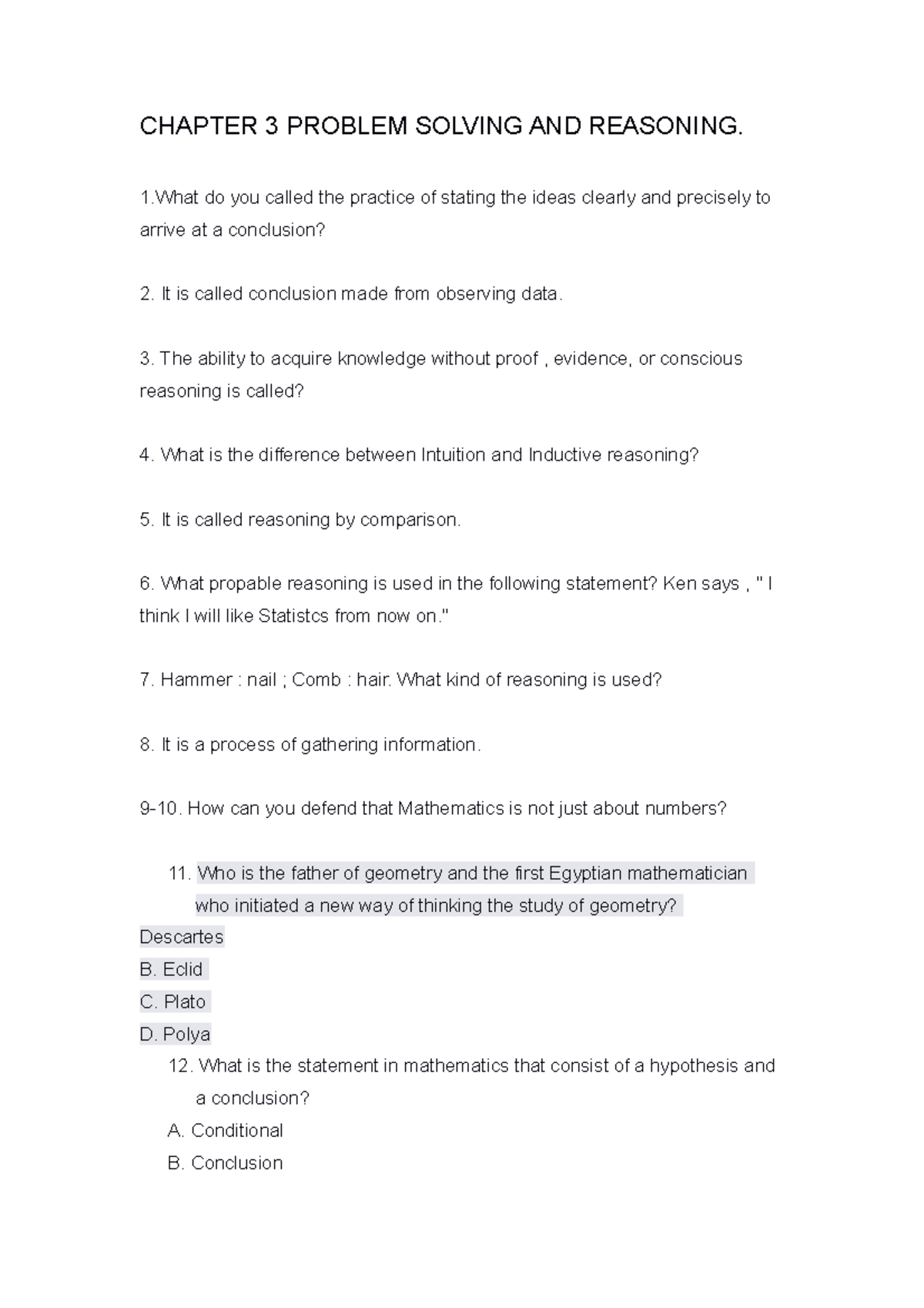 Chapter 3 - Problem Solving AND Reasoning in Math 50 Items of Quiz ...