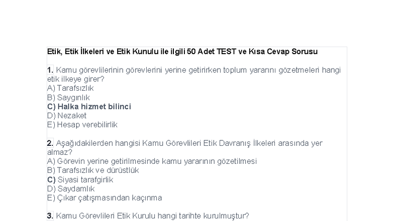 Etik İlkeleri Üzerine 50 Test Sorusu - Etik 101 - Studocu