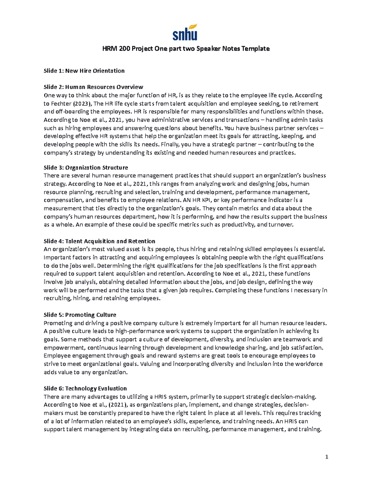 HRM 200 Project One Part Two: Comprehensive Speaker Notes - Studocu