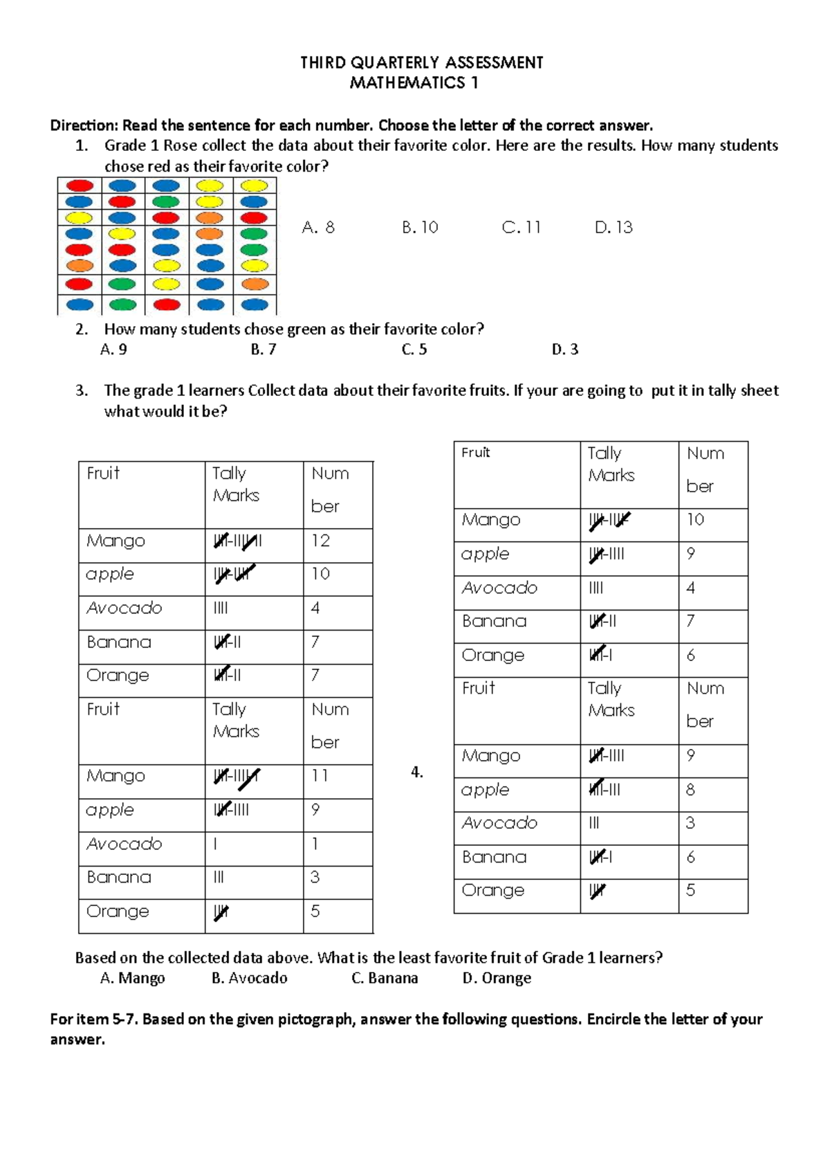 PT Q3 Grade 1 Matatag MATH 1 Assessment Test - Studocu
