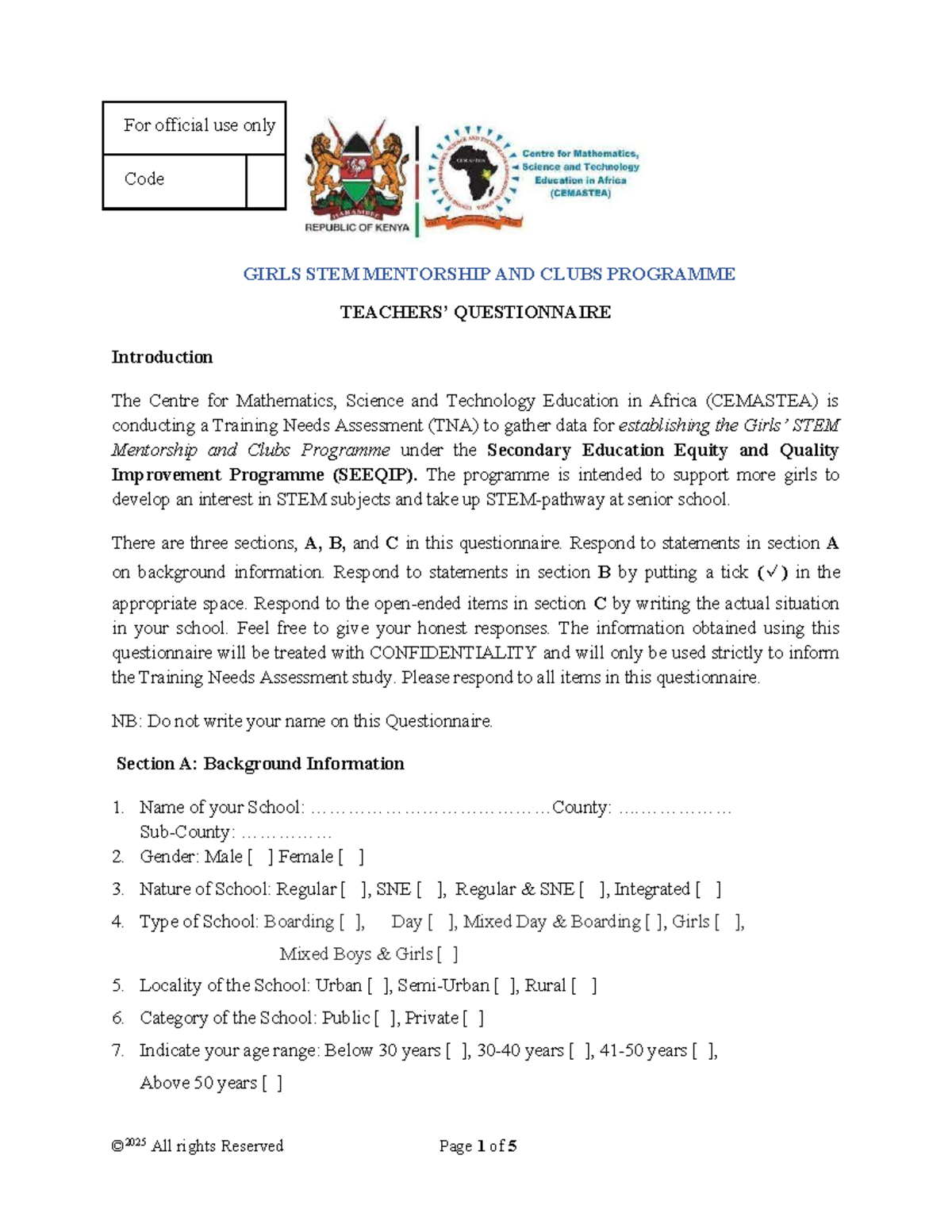 GIRLS STEM Mentorship & Clubs Programme Questionnaire - TNA - Studocu