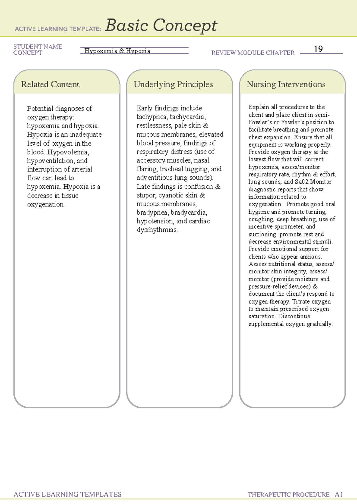 Basic Concepts of Hypoxemia & Hypoxia: Nursing Interventions - Studocu