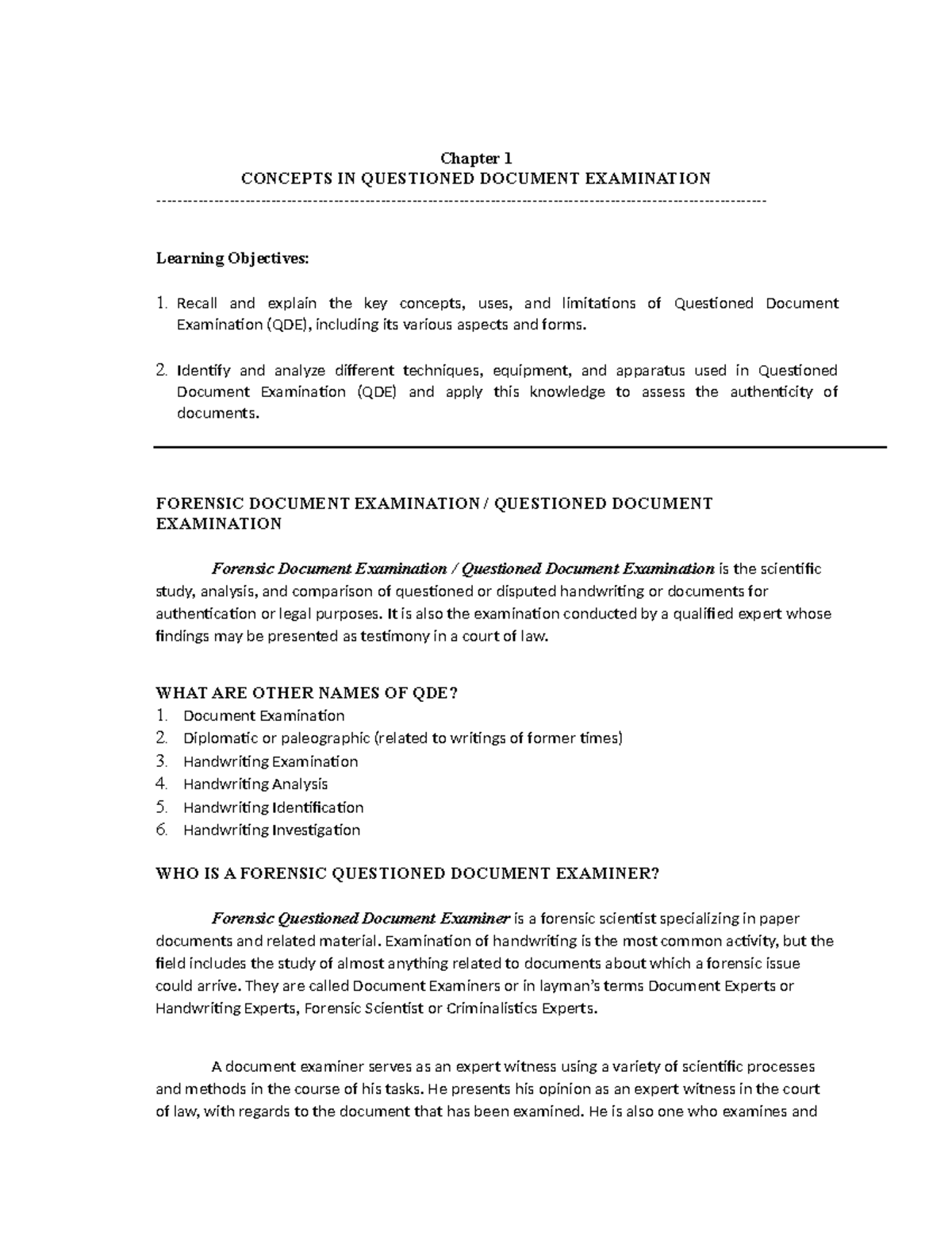 QDE 101: Chapter 1 Concepts & Techniques in Questioned Document Examination - Studocu