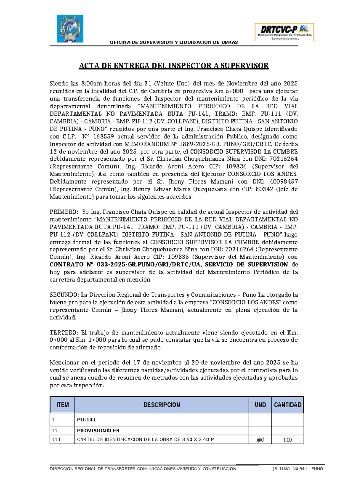 Acta de Entrega del Inspector al Supervisor - Mantenimiento Vial - Studocu