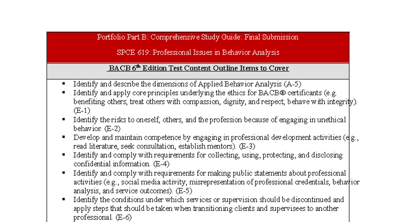 Final Study Guide for SPCE 619: Professional Issues in Behavior ...