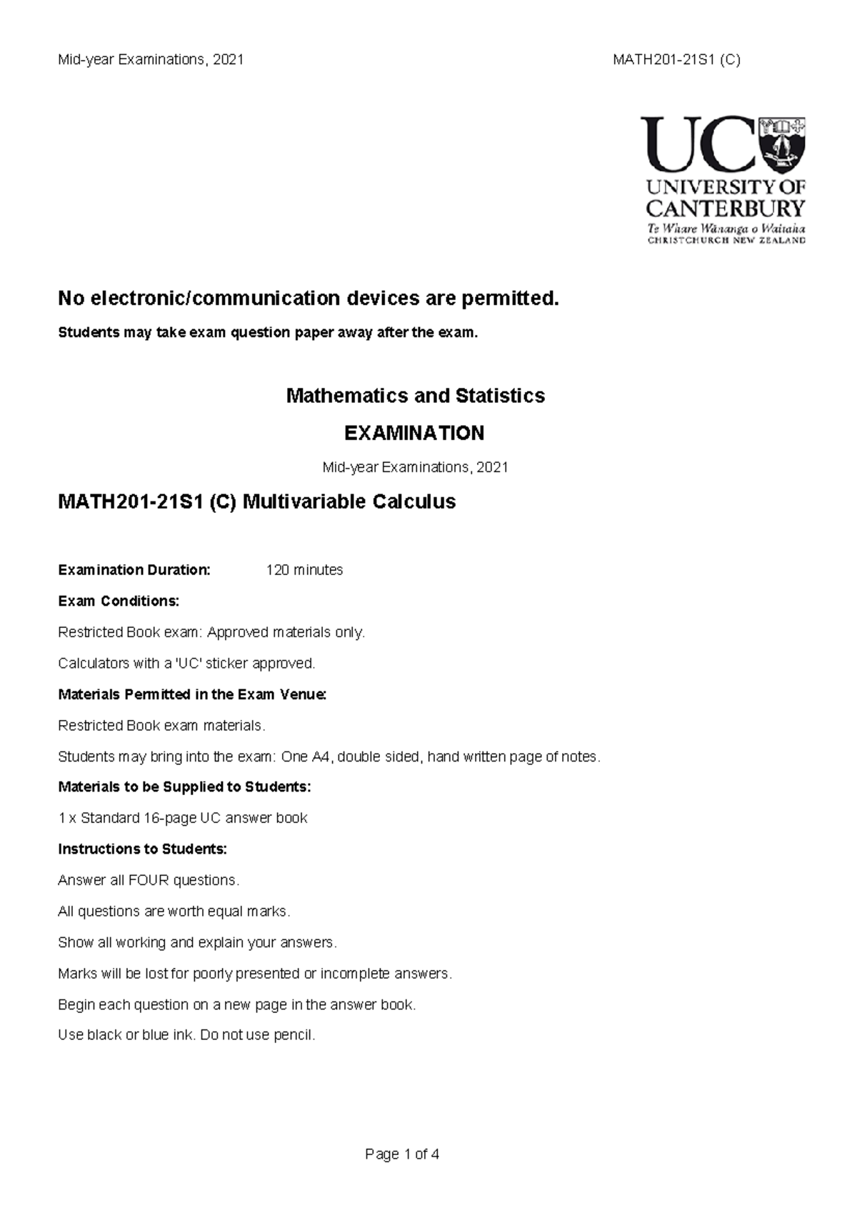Math201-21 Final Exam Questions: Multivariable Calculus - Studocu