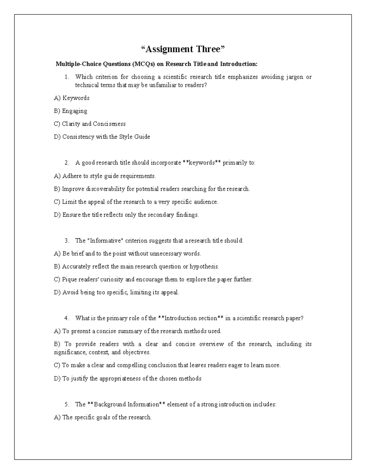 MCQs on Research Title & Introduction for SR101 Assignment Three - Studocu