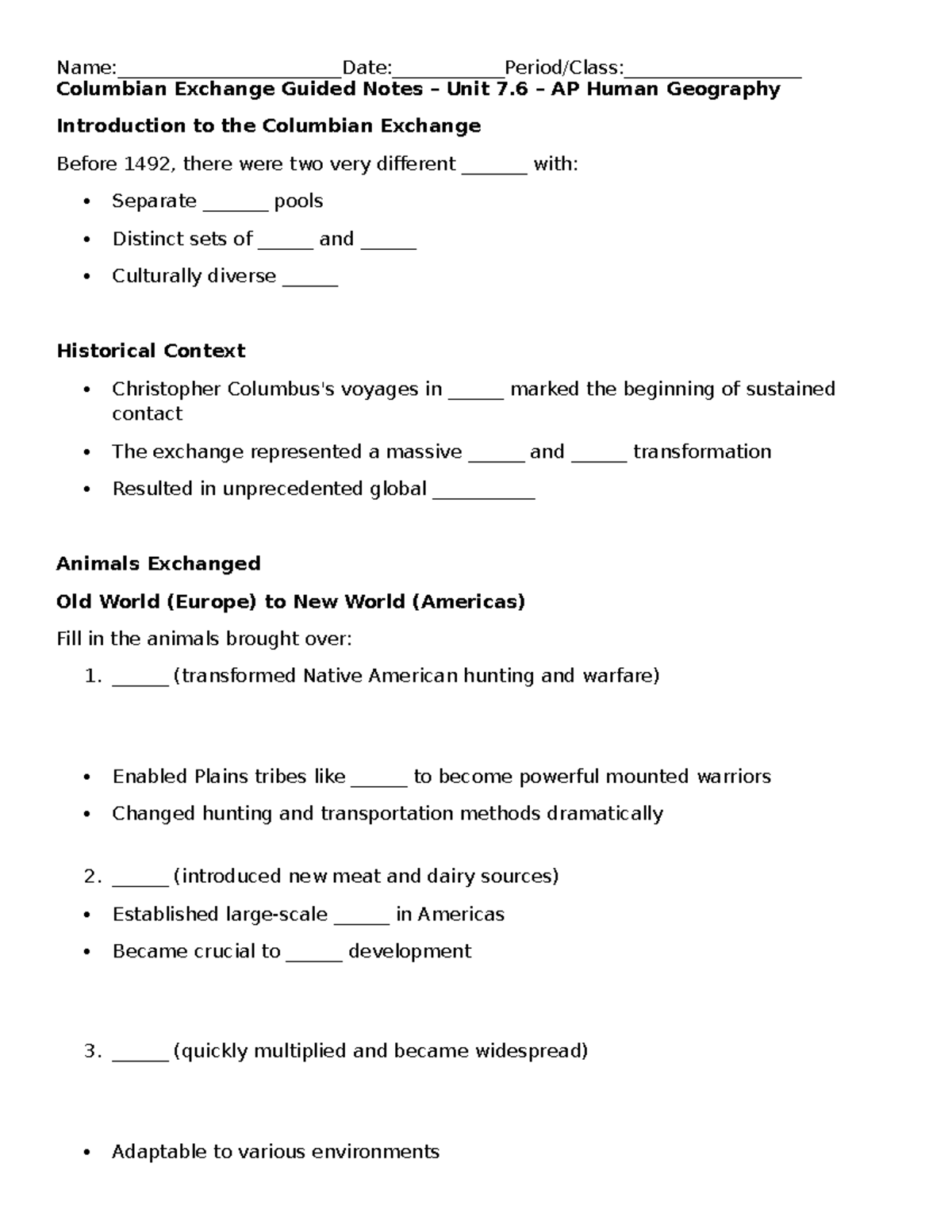 Columbian Exchange Guided Notes - Unit 7.6 AP Human Geography - Studocu