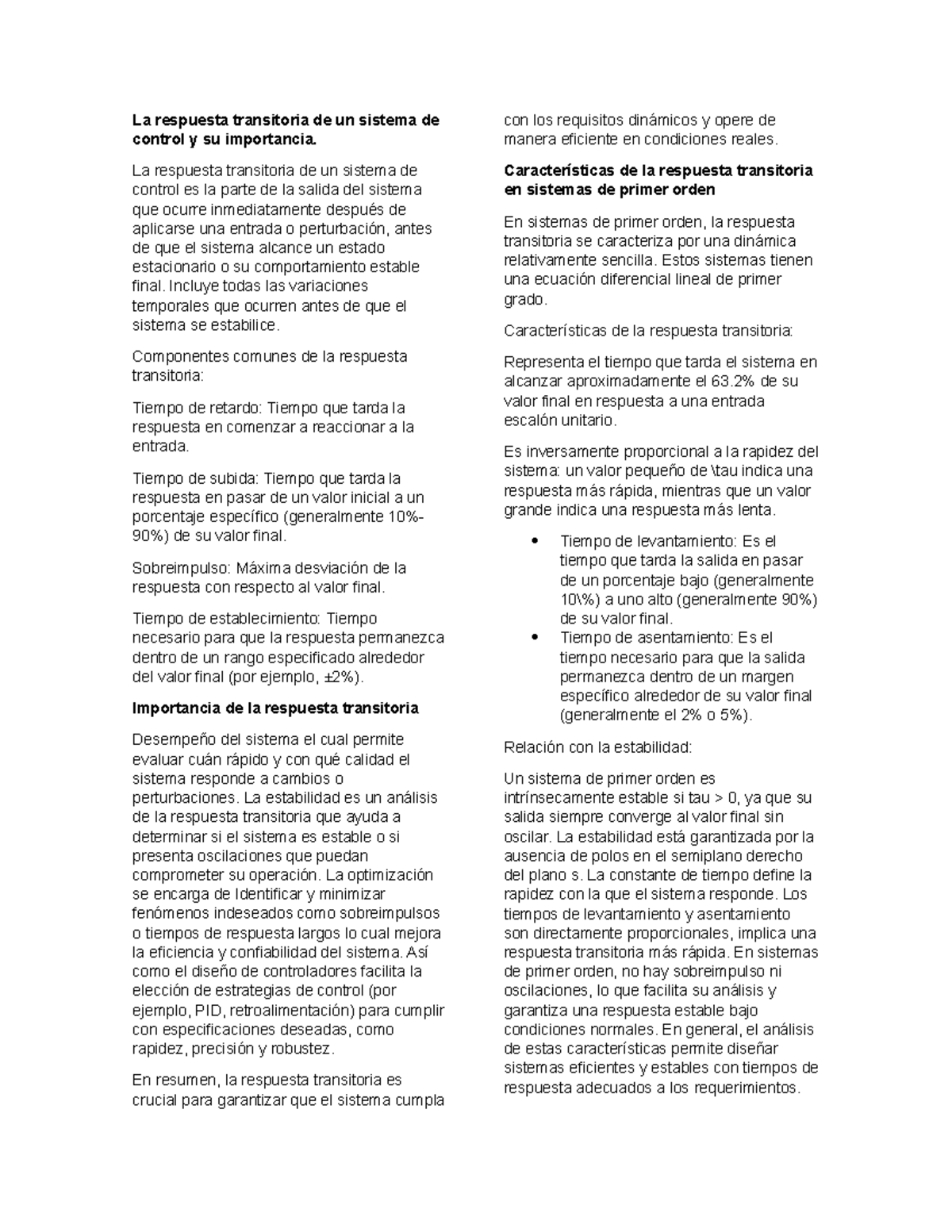 ING DE Control Tarea 2: Análisis de la Respuesta Transitoria en ...