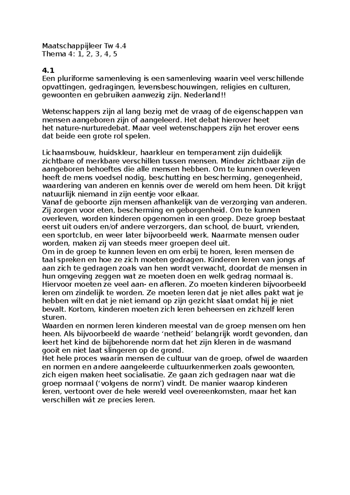 Maatschappijleer Tw 4.4: Pluriforme Samenleving en Socialisatie ...
