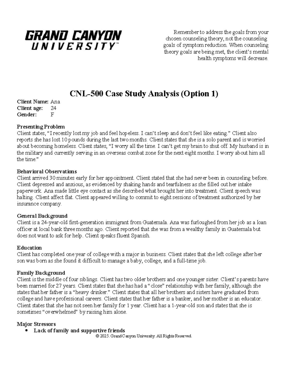 CNL500 T1 Case Study Analysis: Exploring Counseling Theories and Client ...