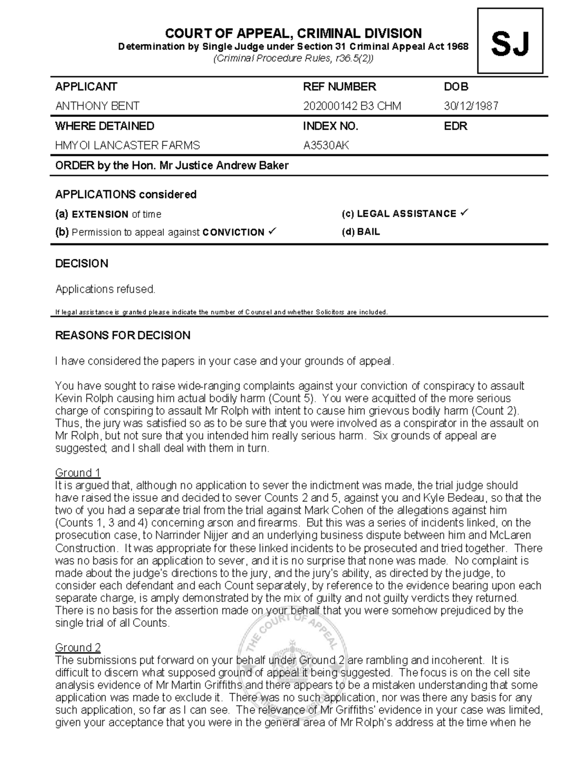 COURT OF APPEAL CRIMINAL DIVISION: SJ Decision on Appeal - 202000 142 ...