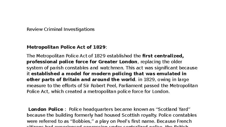 Review of Criminal Investigations: The Metropolitan Police Act of 1829 ...